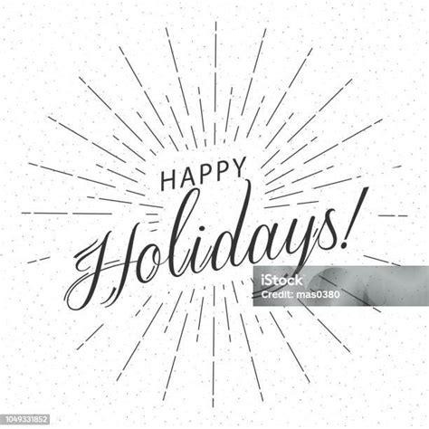 흑백 텍스트 해피 홀리데이 인사말 카드 전단지 포스터 로고 텍스트 글자와 빛의 파열 광선 벡터입니다 즐거운 연말연시 되세요