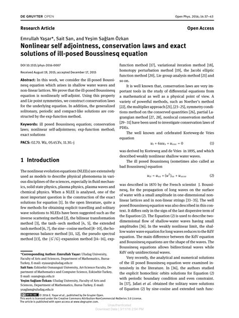 Pdf Nonlinear Self Adjointness Conservation Laws And Exact Solutions