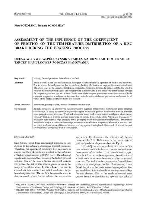 Pdf Assessment Of The Influence Of The Coefficient Of Friction On The Temperature Distribution