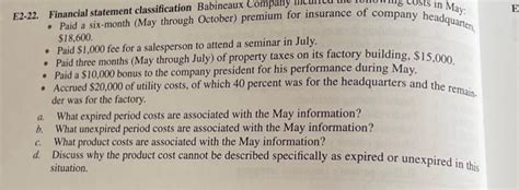Solved E2 22 Financial Statement Classification Babineaux