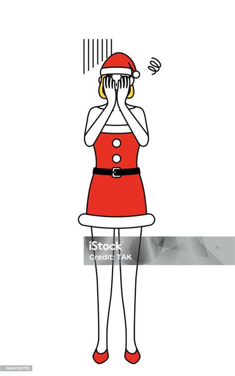 우울증에 얼굴을 가리고 있는 산타클로스 옷을 입은 여성의 간단한 선 그리기 그림 12월에 대한 스톡 벡터 아트 및 기타 이미지