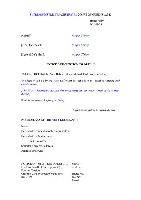 UCPR Form Notice Of Intention To Defend SUPREME DISTRICT MAGISTRATES COURT OF QUEENSLAND