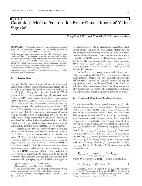Pdf Candidate Motion Vectors For Error Concealment Of Video Signals