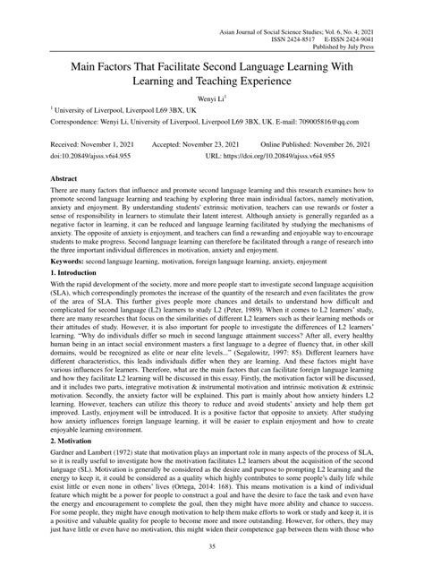 Pdf Main Factors That Facilitate Second Language Learning With Learning And Teaching Experience