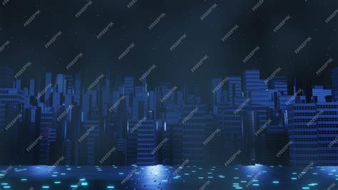 사이버 펑크 야간 도시 경관 개념의 3d 렌더링 어두운 장면에서 빛나는 빛 5g를 위한 야간 생활 기술 네트워크 Scifi Capital City 및 건물 현장의 미래 세대