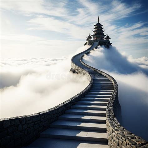 Surreal Stairway Through Clouds Leading To Tranquil East Asian Pagoda