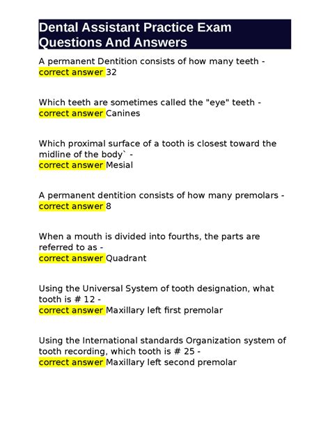 Dental Assistant Practice Exam Questions And Answers Exams Nursing