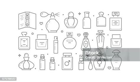 라인 아이콘이 있는 향수 병 포스터 벡터 수평 일러스트에는 아이콘 유리 분무기 고급 퍼퓸 샘플러 에센셜 오일 화장품 매장 전단지용 쾰른 윤곽 그림 브로셔 포함 0명에 대한