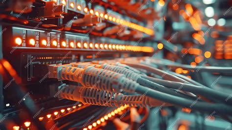 Close Up Of Ethernet Cables Connected To Server Rack In Data Center Concept Of Cloud Computing