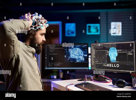 Man Placing EEG Headset On Head To Communicate With Artificial Intelligence Entity With