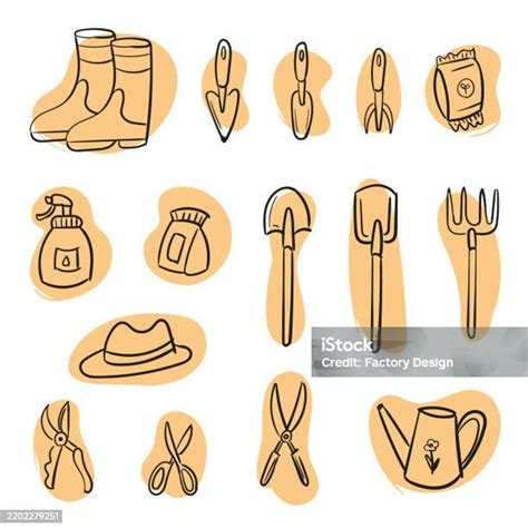 손으로 그린 원예 도구 모음 삽 갈퀴 흙손 전정 가위 물뿌리개 고무 장화 비료 포대 모자 미니멀한 윤곽선 스케치 농업 요소 벡터 일러스트 레이 션 가위에 대한 스톡 벡터