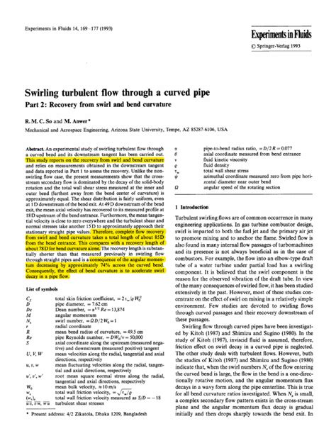 Swirling Turbulent Flow Through A Curved Pipe Part 2 Recovery From Swirl And Bend Curvature
