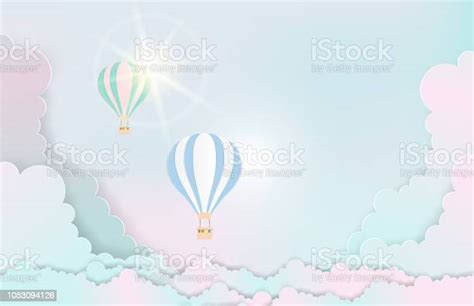 풍경과 개념 뜨거운 공기 풍선 종이 예술 스타일 파스텔 하늘 배경 그림 벡터 일러스트입니다 종이 아트 및 디지털 공예 스타일 디자인 0명에 대한 스톡 벡터 아트 및 기타