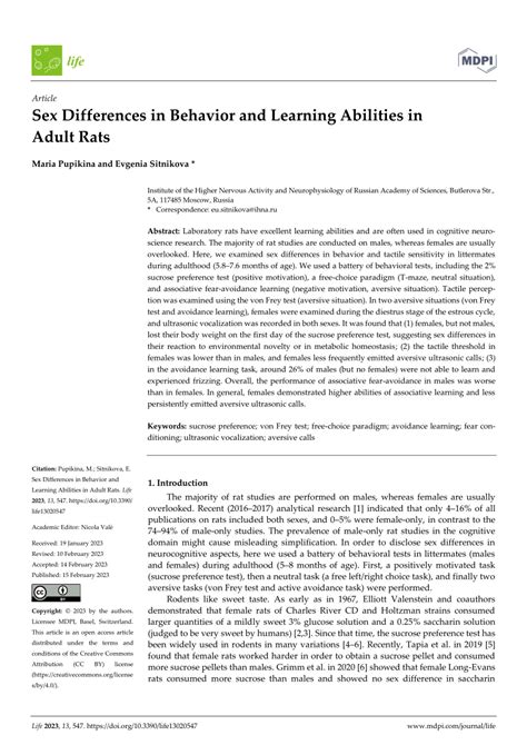 Pdf Sex Differences In Behavior And Learning Abilities In Adult Rats