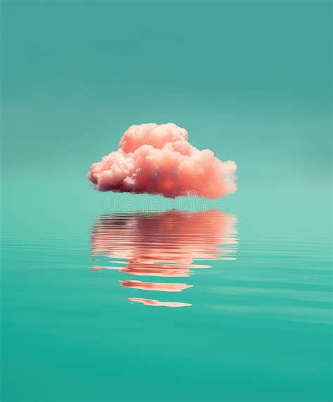 Pink Cotton Candy Cloud Hovering Over Cyan Water Surface Stock
