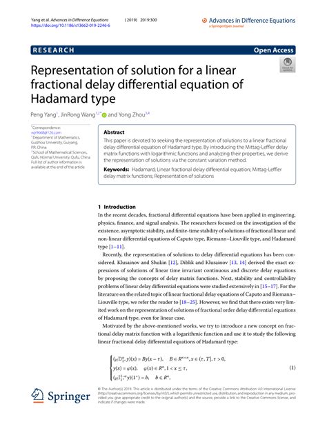 Pdf Representation Of Solution For A Linear Fractional Delay Differential Equation Of Hadamard