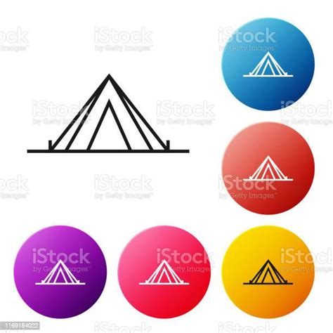 흰색 배경에 고립 된 검은 선 관광 텐트 아이콘입니다 캠핑 기호입니다 아이콘 다채로운 원 버튼을 설정합니다 벡터 일러스트레이션 관광에 대한 스톡 벡터 아트 및 기타 이미지