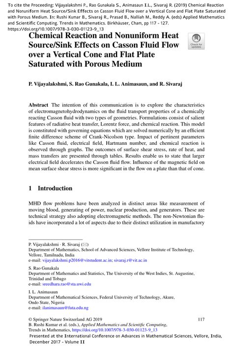 Pdf Chemical Reaction And Nonuniform Heat Sourcesink Effects On Casson Fluid Flow Over A