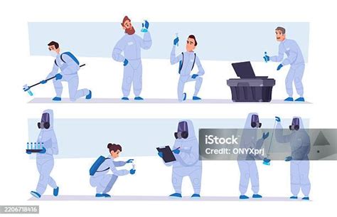 물 샘플 유니폼을 입은 일하는 과학자들은 튜브에 물을 모으고 정확한 벡터 만화 일러스트 세트 실험실에 대한 스톡 벡터 아트 및 기타 이미지 Istock