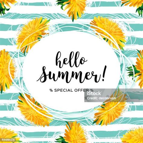 여름 꽃 안녕하세요 여름 글자 노란 민들레 패턴 유행 여름 배경 줄무늬 모든 개체는 편집 가능한 벡터 일러스트 0명에 대한 스톡 벡터 아트 및 기타 이미지 Istock