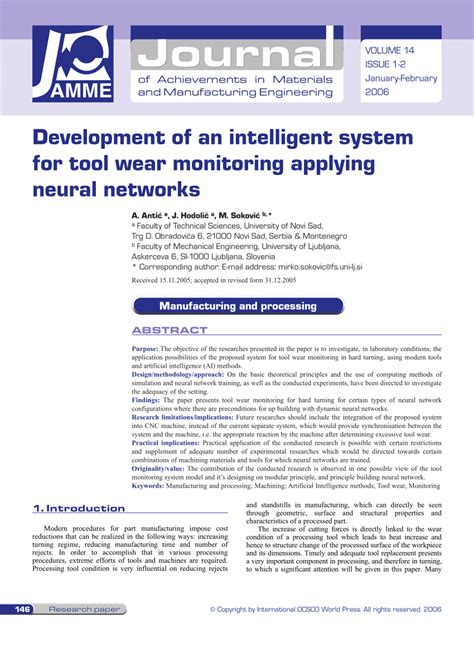 Pdf Development Of An Intelligent System For Tool Wear Monitoring Applying Neural Networks