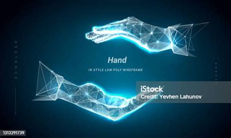 손 컵 케어 손 손의 최대 모양의 형태 손을 엽니다 어두운 배경에 격리 된 추상 적 그림입니다 낮은 폴리 와이어 프레임 파티클은
