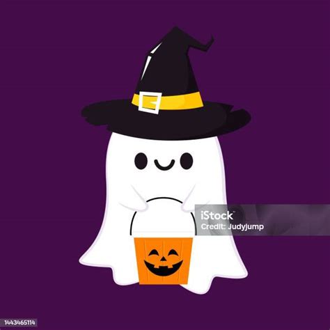 트릭 오어 트릿을 위한 할로윈 호박 바구니와 함께 떠다니는 귀여운 유령 재미있는 으스스한 부 캐릭터 행복한 미소 짓는 얼굴 표정을 가진 유령 팬텀 고립 된 아이 플랫 벡터