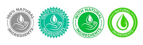 천연 성분 제품 아이콘 손과 물 방울 녹색 유기농 바이오 벡터 로고 천연 성분만 만든 천연 성분 천연 제품에 대한 순수 유기농 에코 라벨 인증서 스탬프 100 자연에 대한