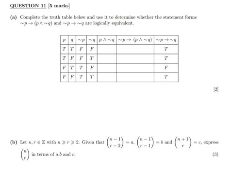 Solved Question 11 5 Marks A Complete The Truth Table