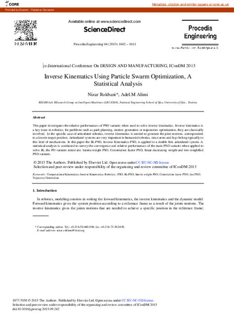 Pdf Inverse Kinematics Using Particle Swarm Optimization A