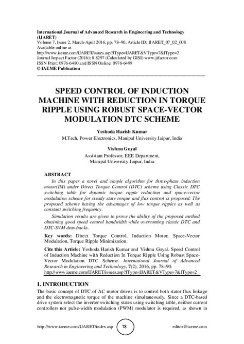Pdf Speed Control Of Induction Machine With Reduction In Torque Ripple Using Robust Space