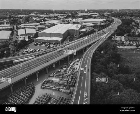 An Aerial View Of A Complex Motorway Road Junction With Traffic In