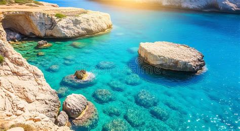Turquoise Waters Form A Coastal Scene With Large Limestone Rocks