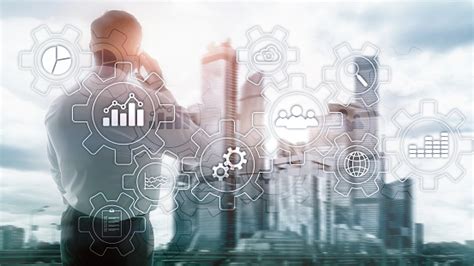 기어와 아이콘 비즈니스 프로세스 개요 다이어그램입니다 워크플로 및 자동화 기술 개념 개선에 대한 스톡 사진 및 기타 이미지