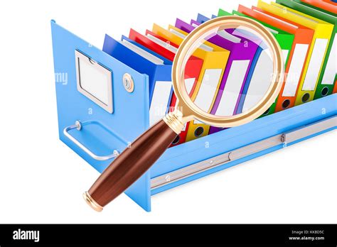 File Search Concept Folders Inside Filing Cabinet With Magnifying Glass 3d Rendering Stock