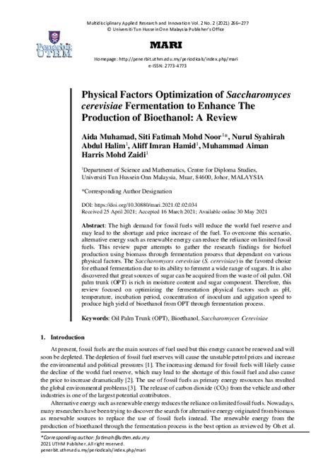 Pdf Physical Factors Optimization Of Saccharomyces Cerevisiae Fermentation To Enhance