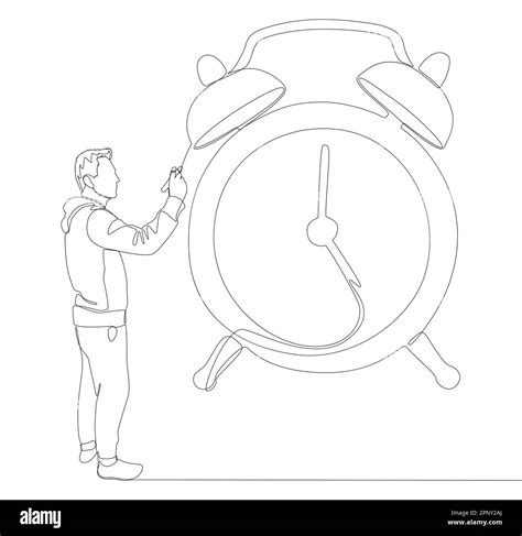 One Continuous Line Of Man Pointing At Alarm Clock Thin Line Illustration Vector Concept