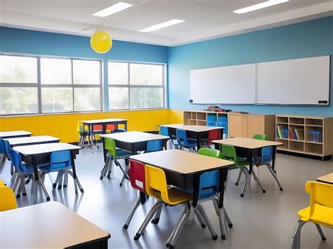 Modern Empty Classroom With Chairs Tables And Blackboard Premium Ai Generated Image