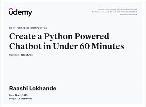 raashi lokhande on linkedin python chatbot udemy learning