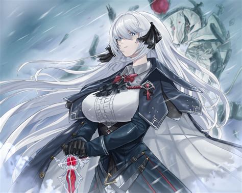 Safebooru 1girl Ascot Bangs Black Ascot Black Coat Black Gloves Black Ribbon Blizzard Blurry