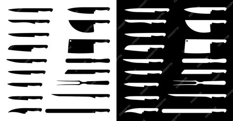 평면 실루엣 흑백 칼 벡터 개체 그림의 집합 프리미엄 벡터