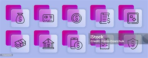 결제 세트 아이콘입니다 수표 거래 은행 온라인 스팸 봉투 주문 현금 세금 방패 급여 청구서 쇼핑 개념 유리 형태 스타일 비즈니스 및 광고에 대한 벡터 라인 아이콘 경제에