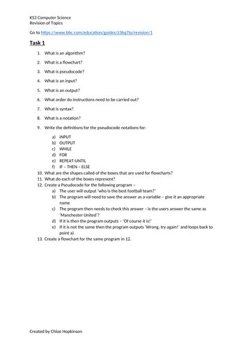 Ks3 Programming Revision Worksheet Teaching Resources