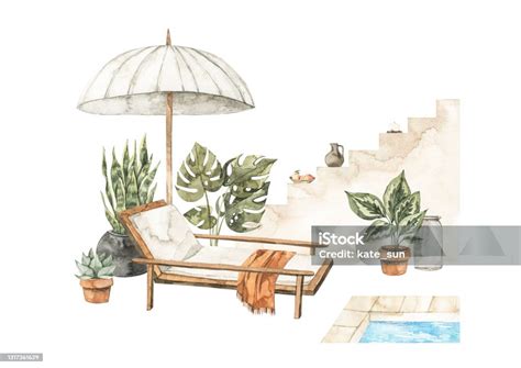 일광욕용 침대 냄비에 식물 수영장 및 계단이있는 현대적인 인테리어의 수채화 그림 열대 분위기 리조트 장식 미리 만들어진 구성 포스터 인쇄물 잡지 카드에 적합 수채화에 대한