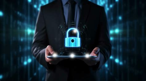 Businessman Enhances Security With Secure Tablet Encryption Technology Illuminated By Light