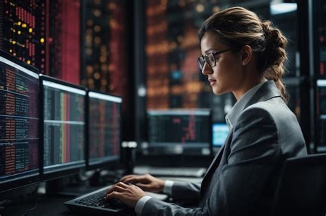 Premium Ai Image Portrait Of A Woman Working On Computer Typing Lines Of Code That Appear On