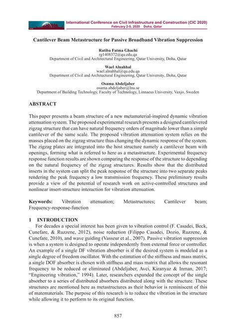 Pdf Cantilever Beam Metastructure For Passive Broadband Vibration Suppression