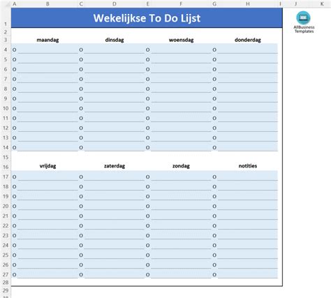 免费 Wekelijkse To Do Checklist 样本文件在