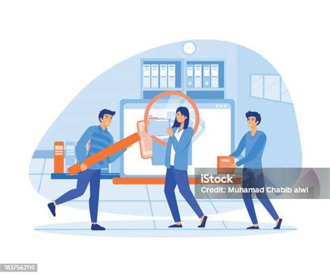 선반에서 문서를 꺼내고 돋보기를 사용하고 전자 데이터베이스에서 파일을 검색하는 사람들 플랫 벡터 현대 일러스트 레이 션 개념에