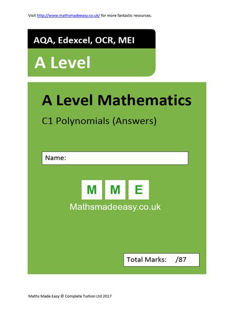 C1 A Level Maths Polynomial Answers Download Free Pdf Factorization Mathematics Of Computing